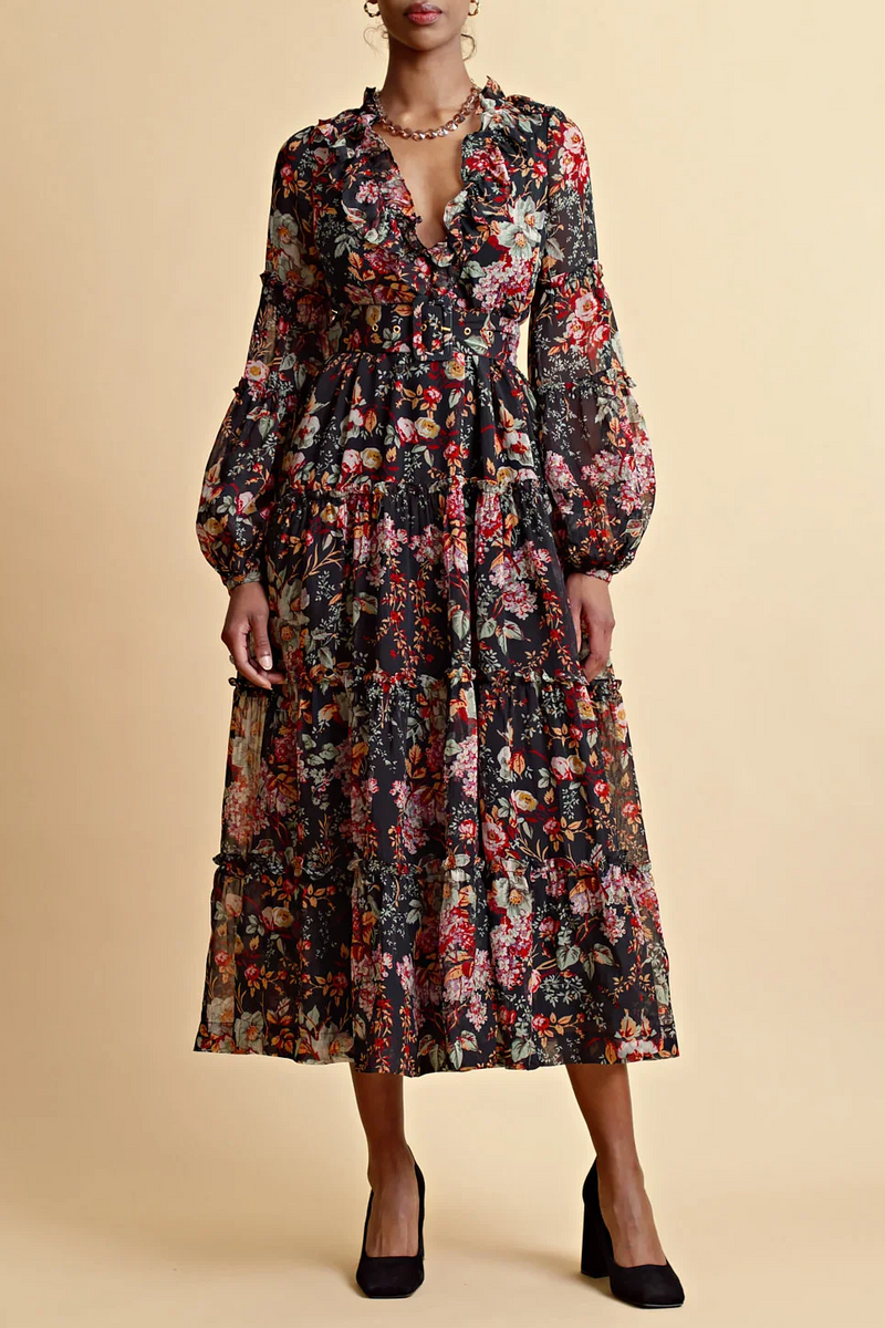 byTiMo - Organza Ruffle Dress in Black Blossom - Women's Clothing - New ...